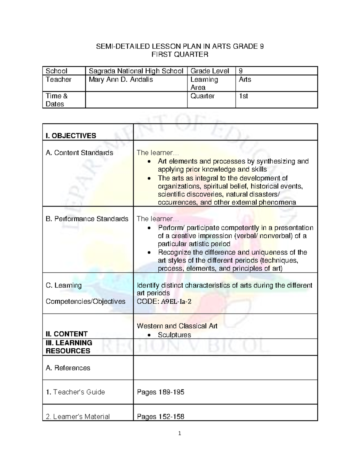 ARTS Grade 9 - summary - SEMI-DETAILED LESSON PLAN IN ARTS GRADE 9 ...