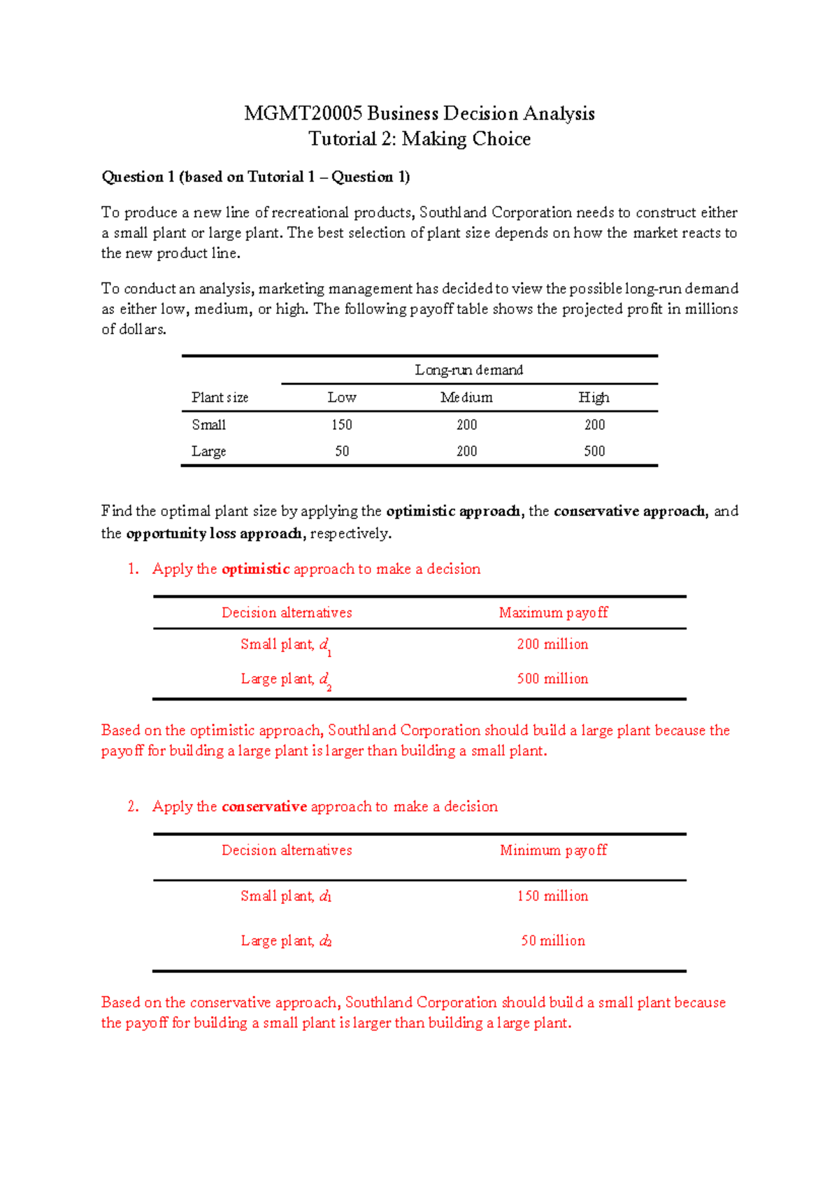 Bda Tutorial 2 Solutions Mgmt20005 Business Decision Analysis Tutorial 2 Making Choice