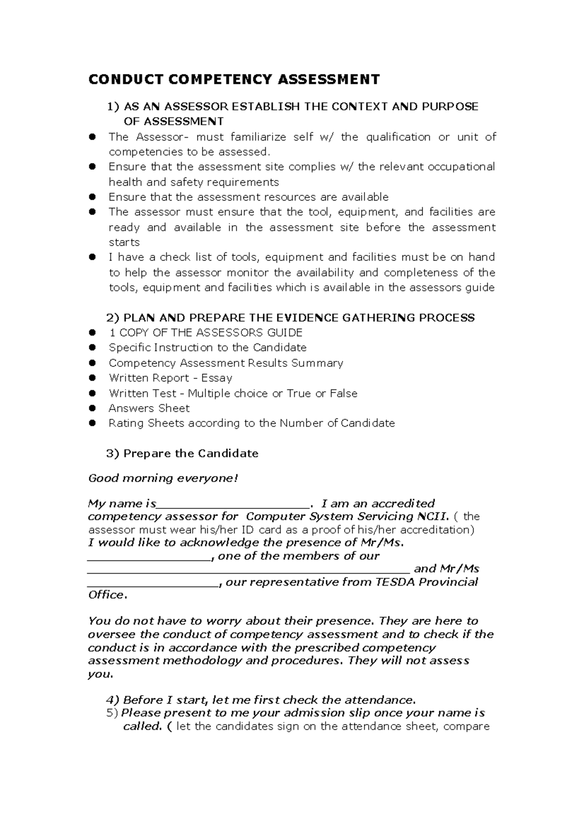 Script sample for cssp COC2 - CONDUCT COMPETENCY ASSESSMENT 1) AS AN ASSESSOR ESTABLISH THE ...