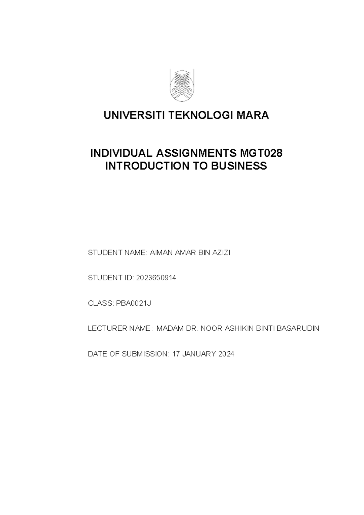 MGT028 Benchmarking - hehe - UNIVERSITI TEKNOLOGI MARA INDIVIDUAL ...