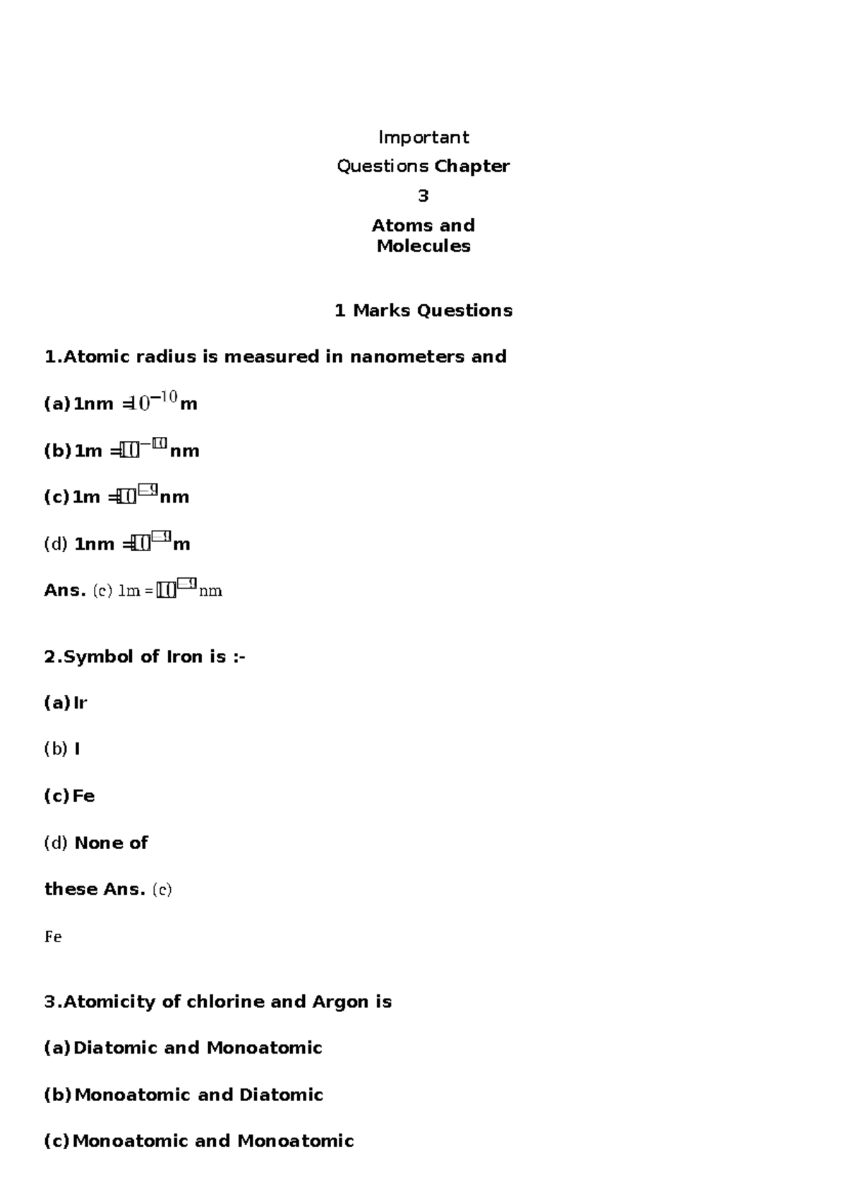 Atoms and Molecules Questions - Important Questions Chapter 3 Atoms and ...