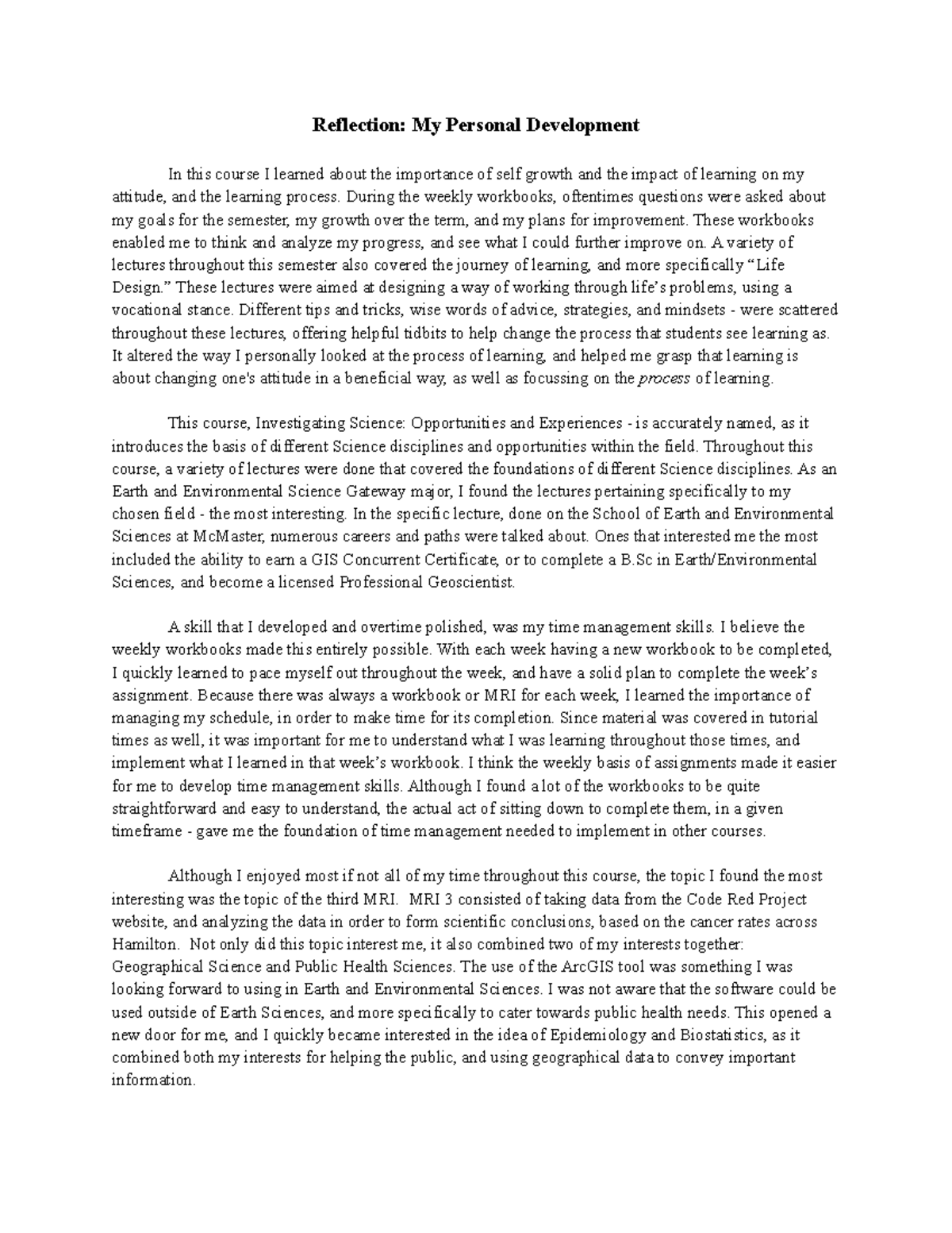 Portfolio Piece - Reflection: My Personal Development In this course I ...