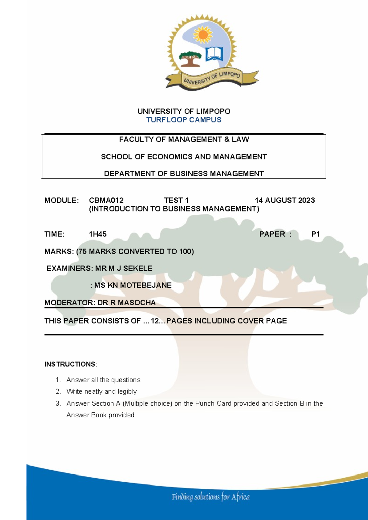 CBMA012 TEST 1 2023 (1) - paper - UNIVERSITY OF LIMPOPO TURFLOOP CAMPUS ...