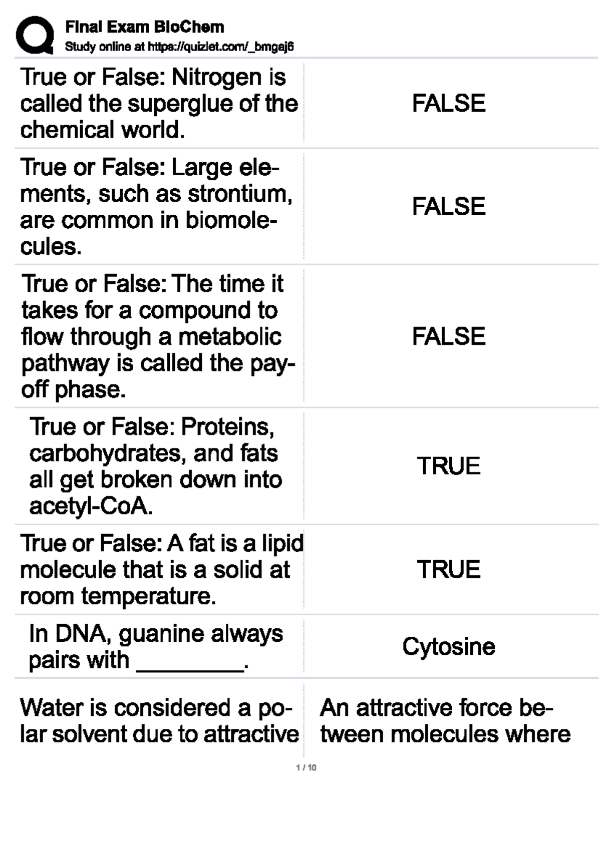 Final Exam BioChem - True or False: Large ments, such as strontium ...