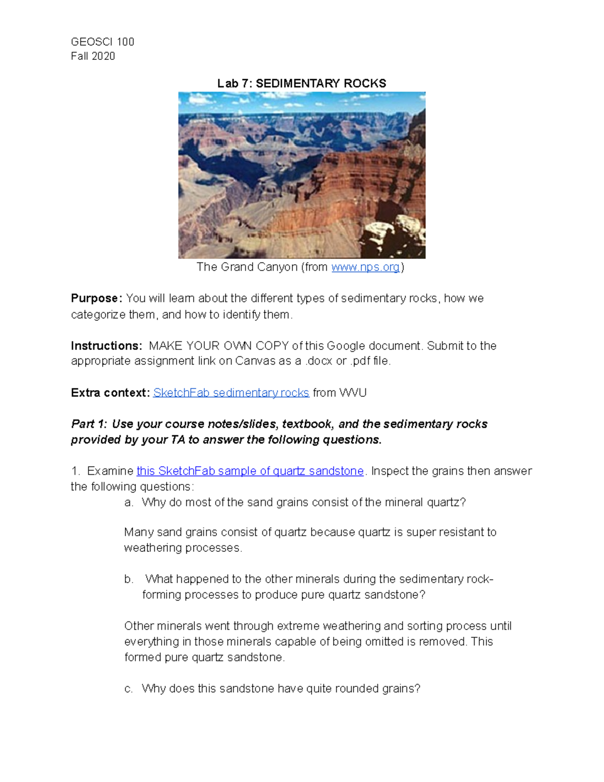 Lab 7 Sedimentary Rocks[ 226] - Fall 2020 Lab 7: SEDIMENTARY ROCKS The ...