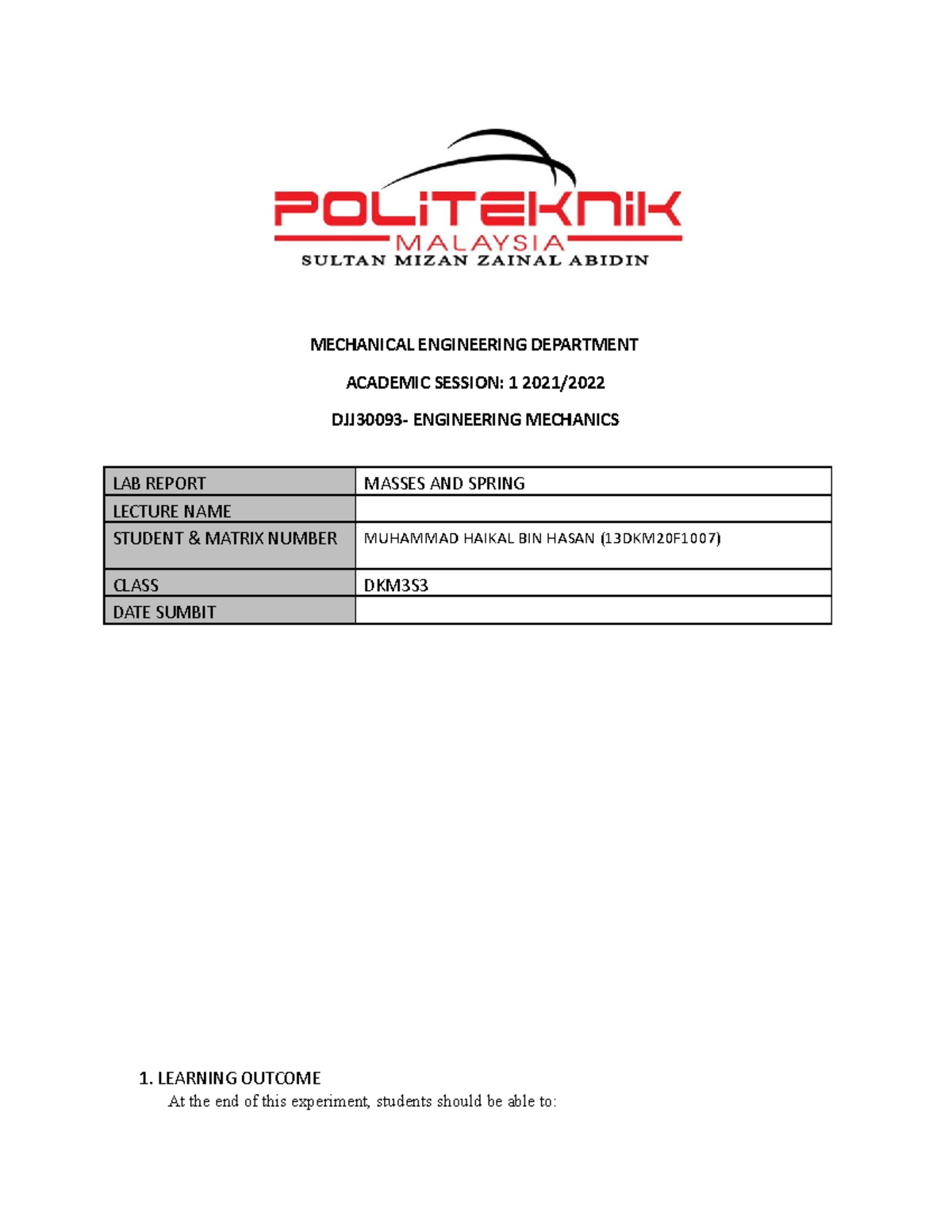 Spring - MECHANICAL ENGINEERING DEPARTMENT ACADEMIC SESSION: 1 2021 ...
