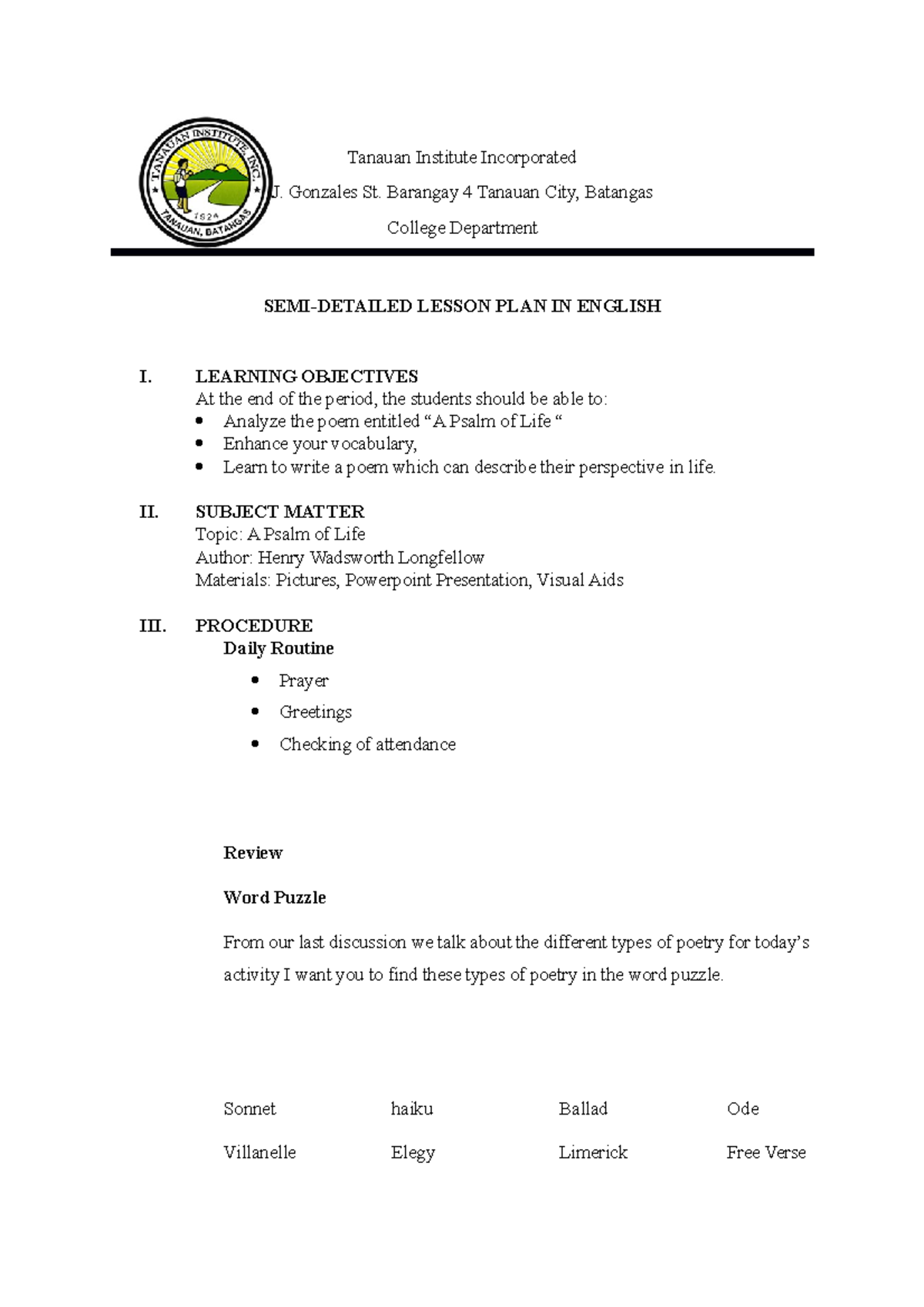 Lesson PLAN POEM - poem - Tanauan Institute Incorporated J. Gonzales St ...