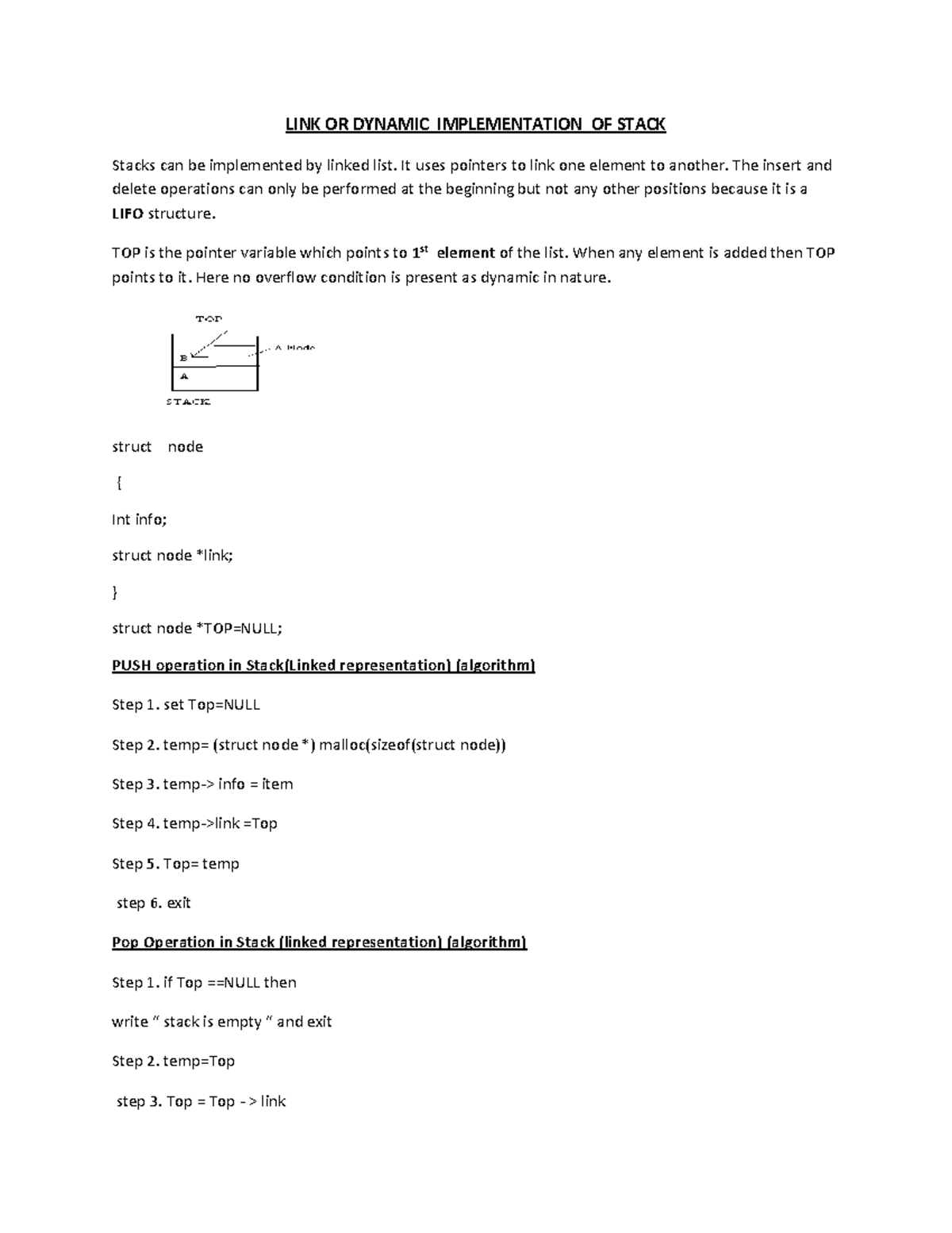 Note ds2 - COMPLETE NOTES - LINK OR DYNAMIC IMPLEMENTATION OF STACK ...