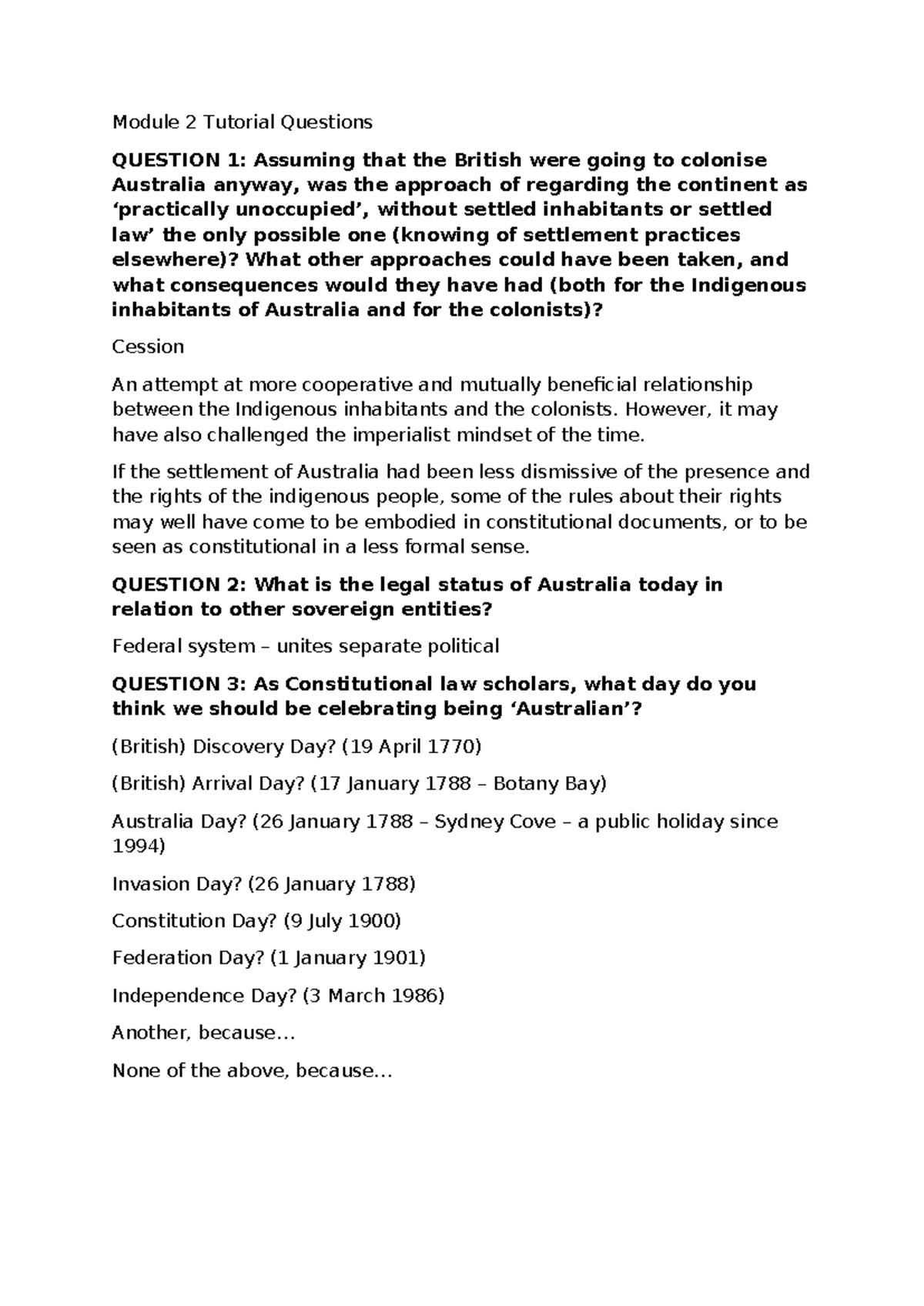 Module 2 Tutorial Questions - Module 2 Tutorial Questions QUESTION 1: Assuming that the British ...