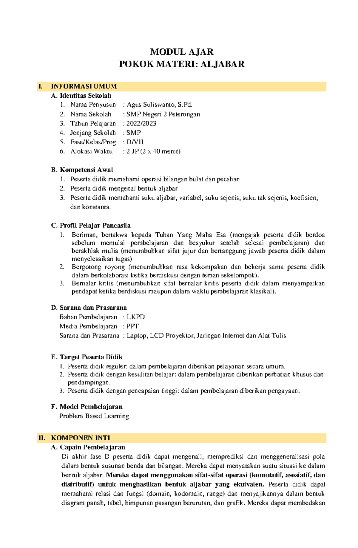 Asesmen Diagnostik Haii Modul Ajar Pokok Materi Aljabar I