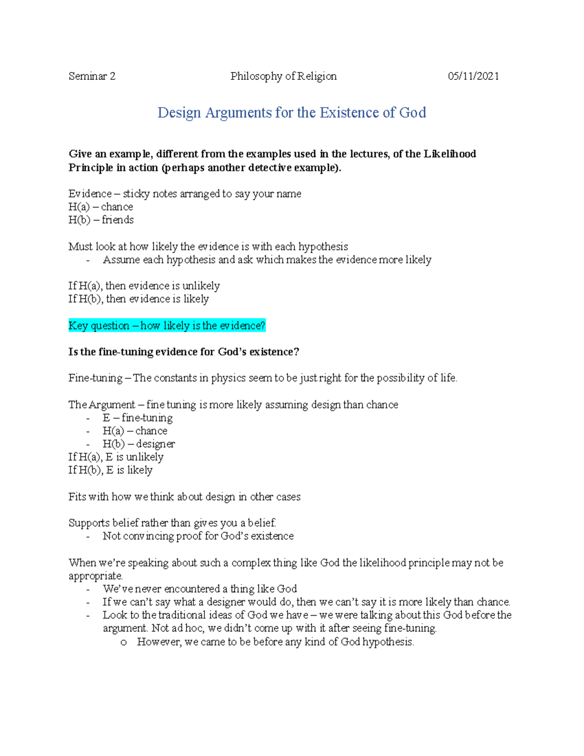 Seminar 2 - Design Arguments for the Existence of God - Seminar 2 ...