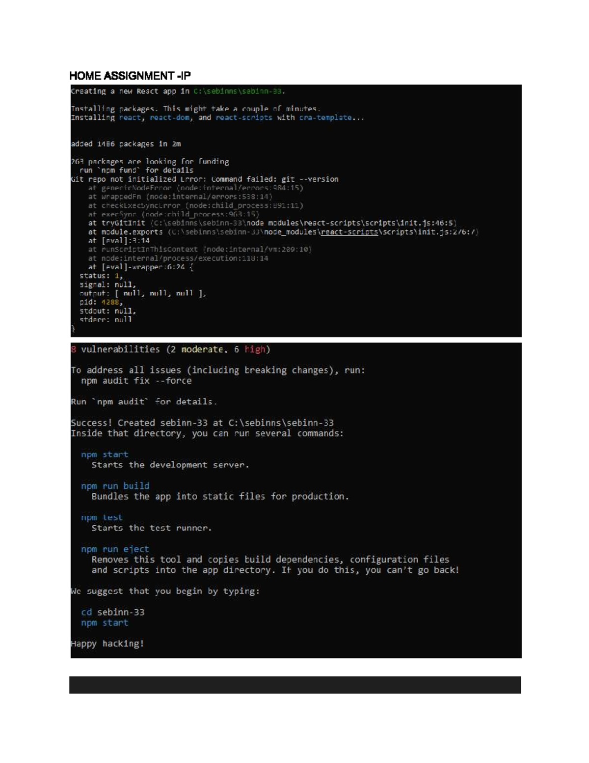 Ip-1 - internet programming - HOME ASSIGNMENT Creating a new React app in Installing packages ...