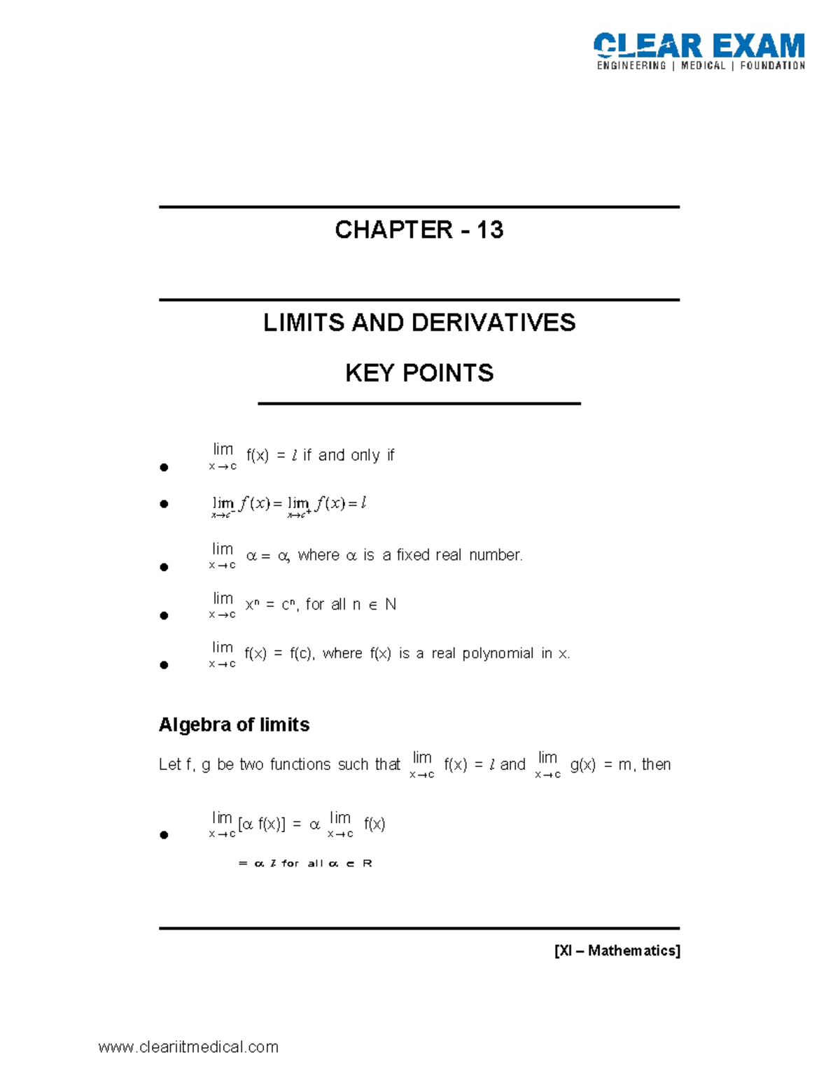Limits and Derivatives - [XI – Mathematics] CHAPTER - 13 LIMITS AND ...