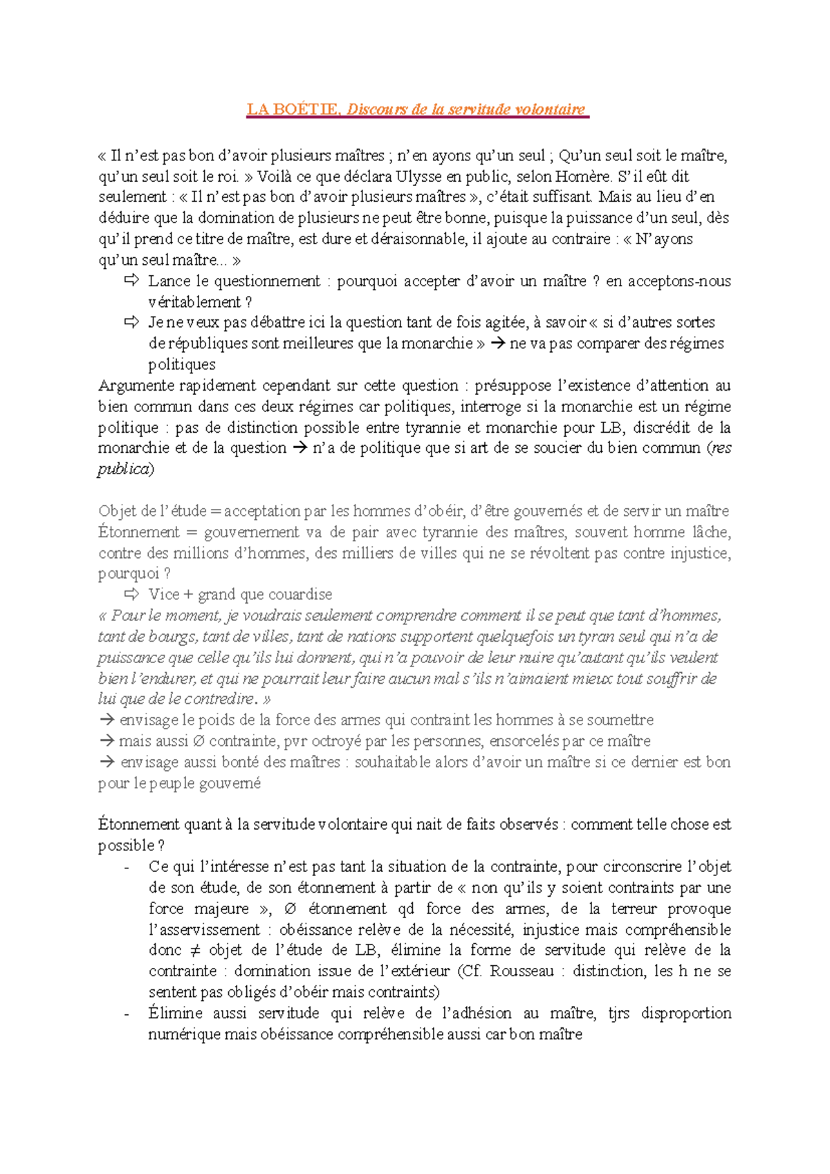 LA BOÉTIE - analyse de la Boétie - LA BOÉTIE, Discours de la servitude volontaire « Il n’est pas ...