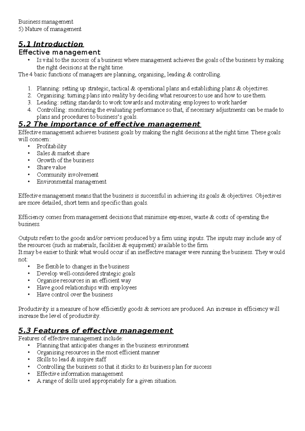 Notes on Chapter 5 - Nature of Management - 5) Nature of management 5 ...