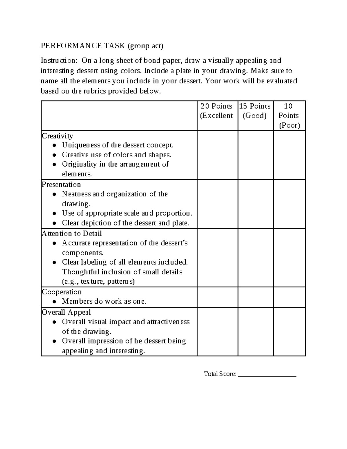 Performance-TASK tle - PERFORMANCE TASK (group act) Instruction: On a long sheet of bond paper ...
