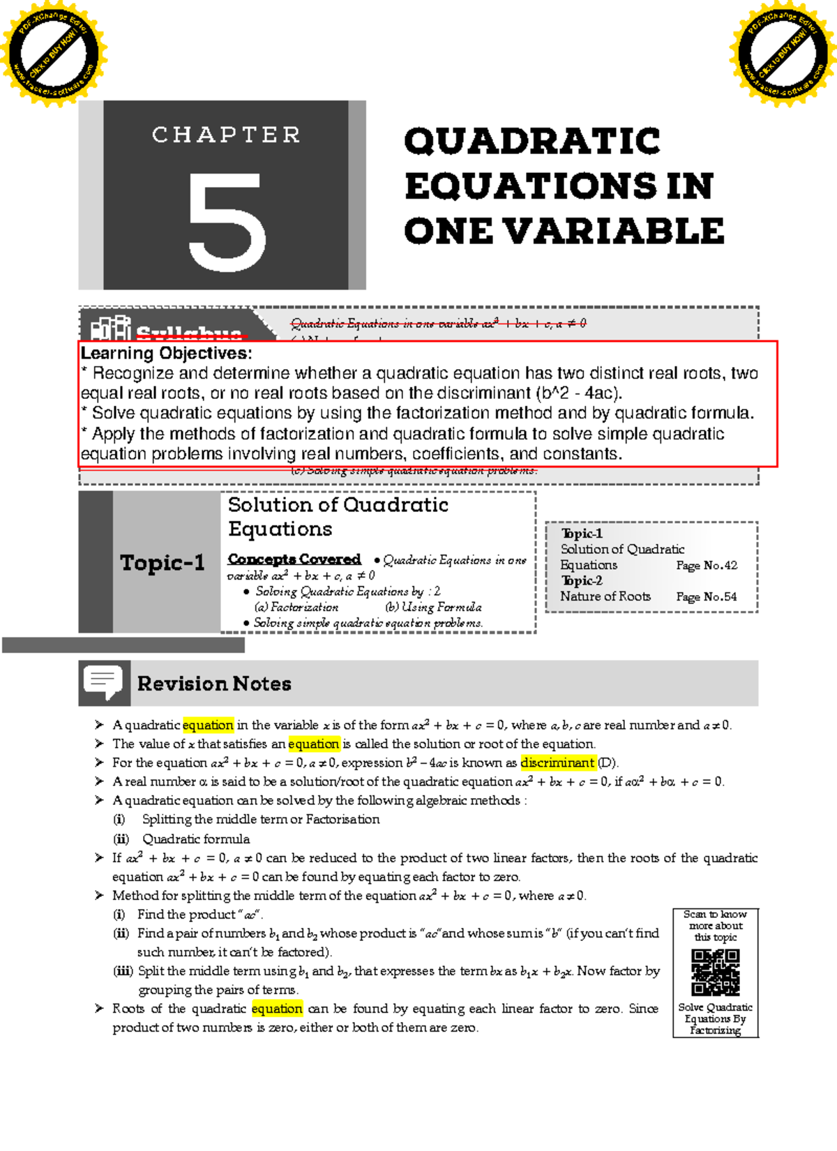 Chapter 5 - Maths - QUADRATIC EQUATIONS IN ONE VARIABLE Quadratic ...
