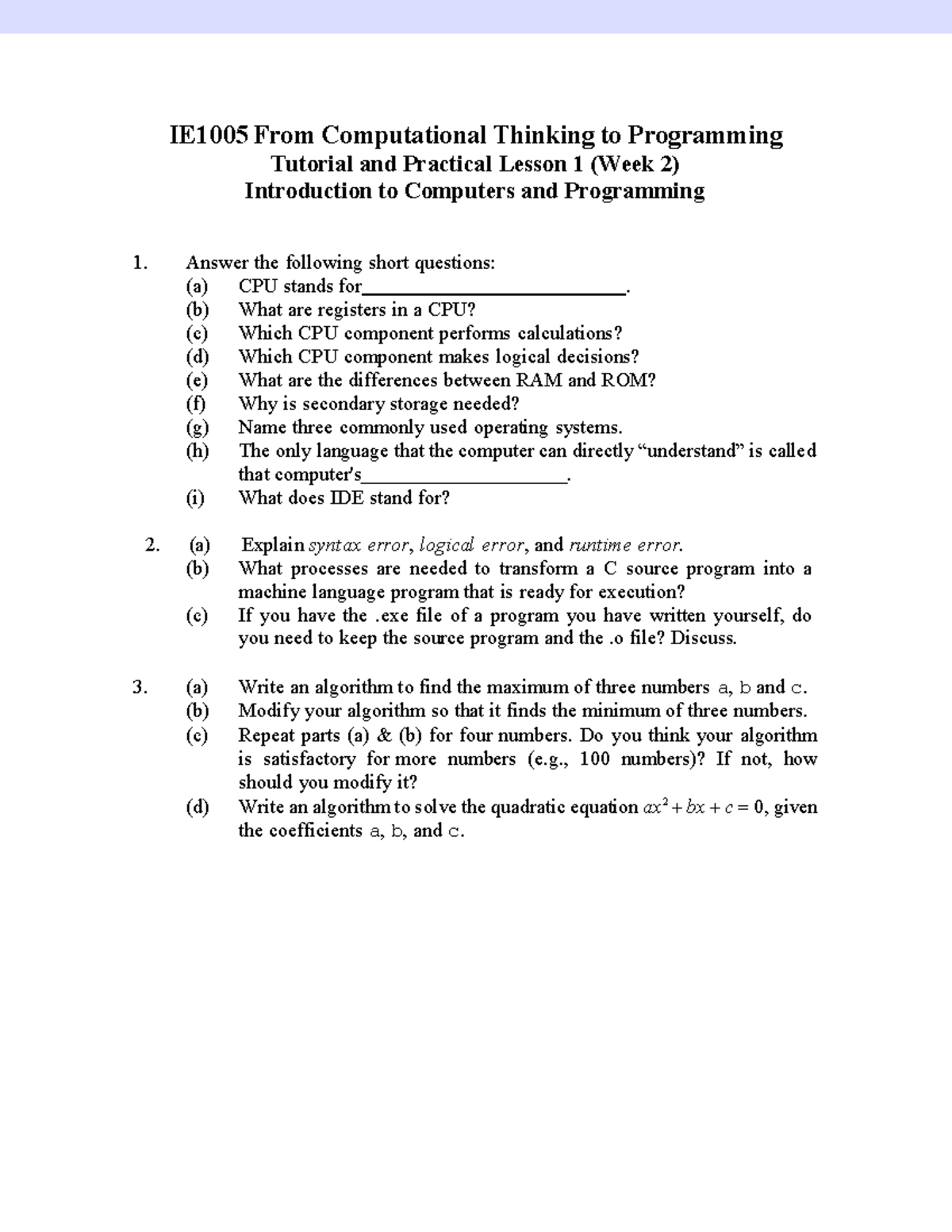 IE1005 tutorial and practical exercises 1 - IE1005 From Computational Thinking to Programming ...