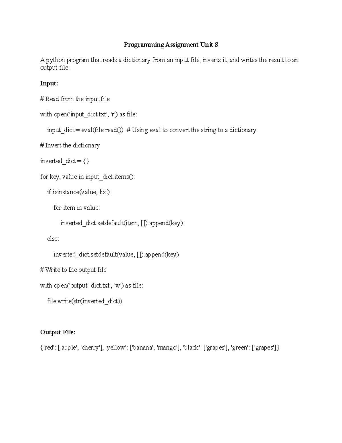 Programming Assignment Unit 8 - append(key) else: inverted_dict(value ... Programming Assignment Unit 8 - append(key) else: inverted_dict(value ...