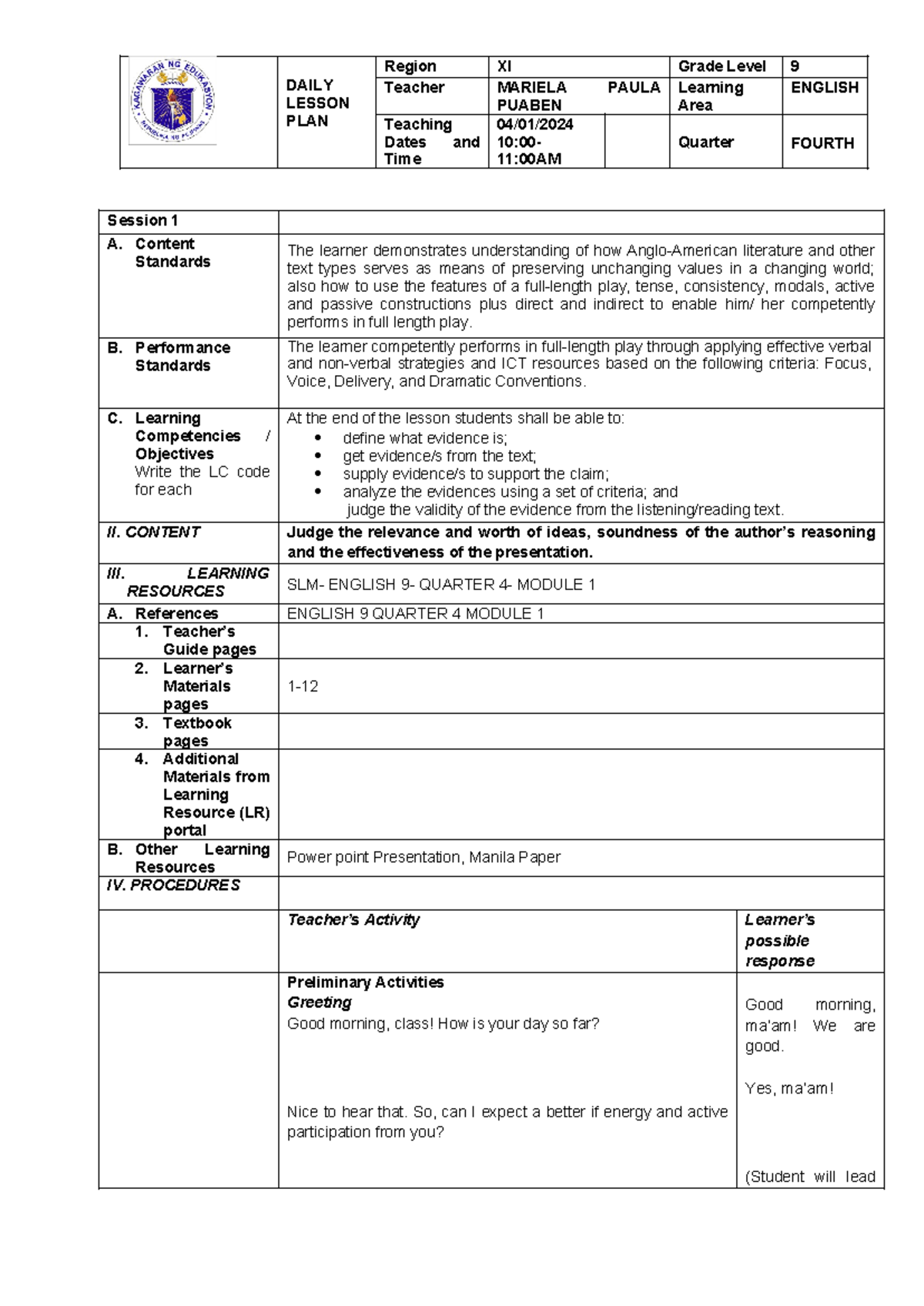 7E's DLP English - Session 1 A. Content Standards The learner ...