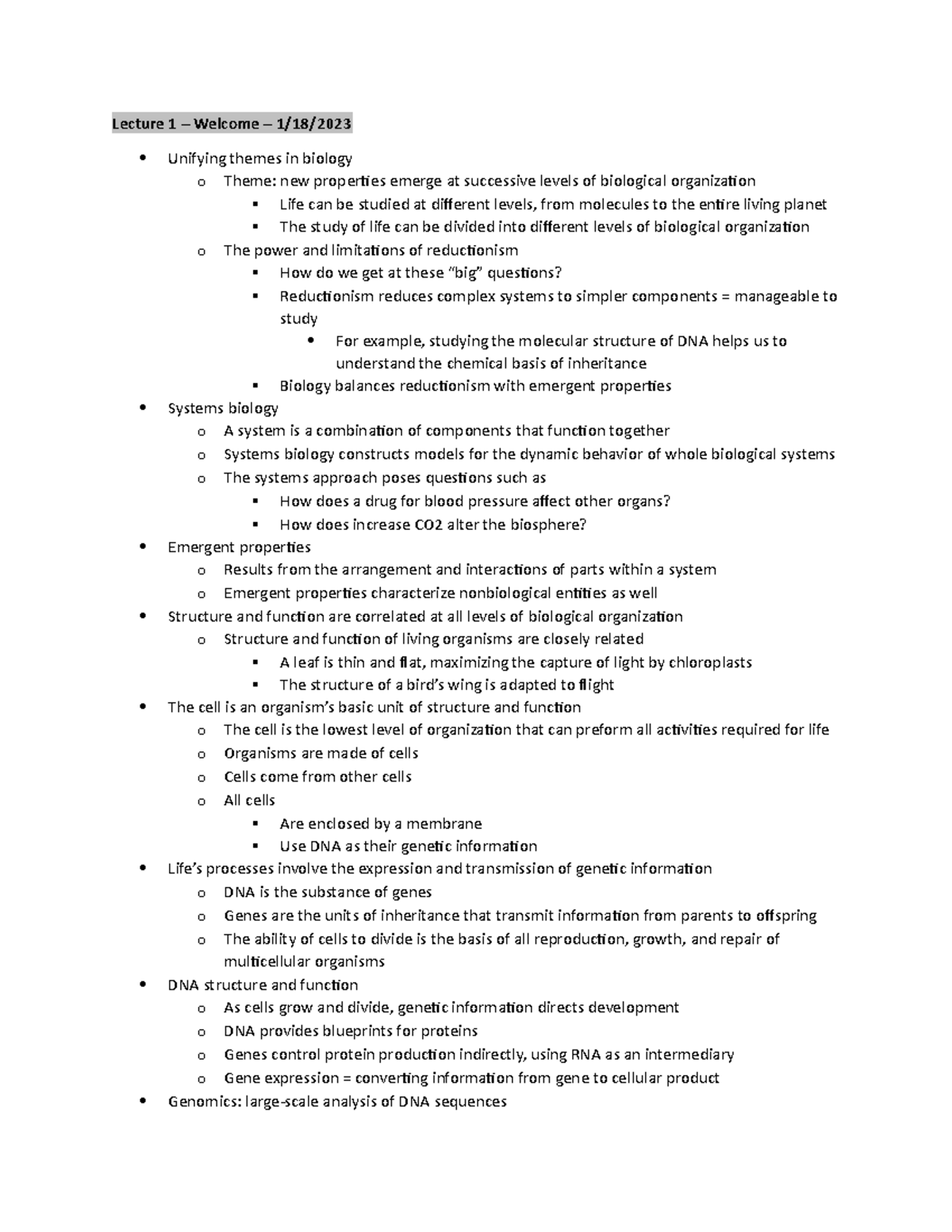 Gen Bio 2 Unit 1 Notes - Lecture 1 – Welcome – 1/18/ Unifying themes in ...