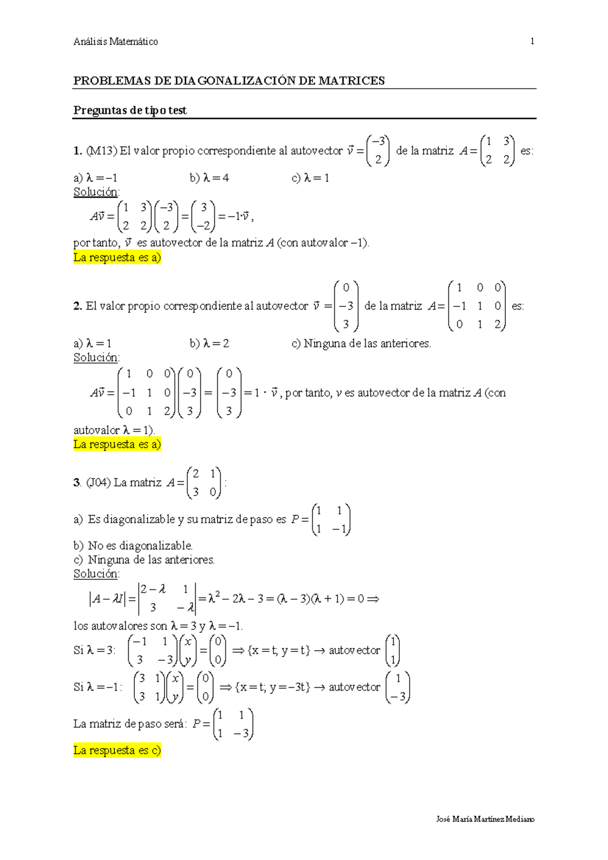 Diagonalización de matrices tipo test con solución - - Studocu