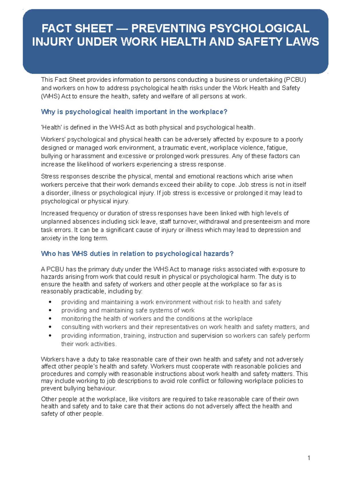 Preventing-Psychological-Injury-Under-WHS-Laws - This Fact Sheet ...