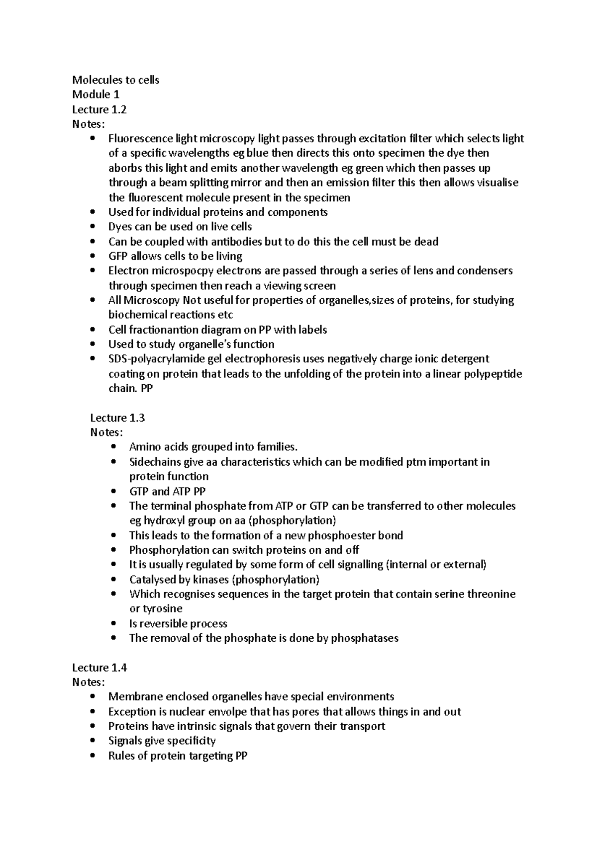 Module 1 Notes - Molecules to cells Module 1 Lecture 1. Notes ...