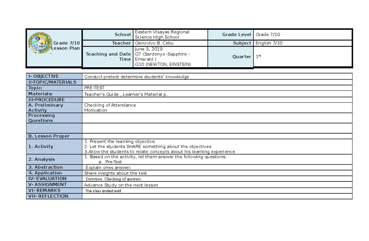 LP DEMO - Lesson Plan - Grade 7/ Lesson Plan School Eastern Visayas ...
