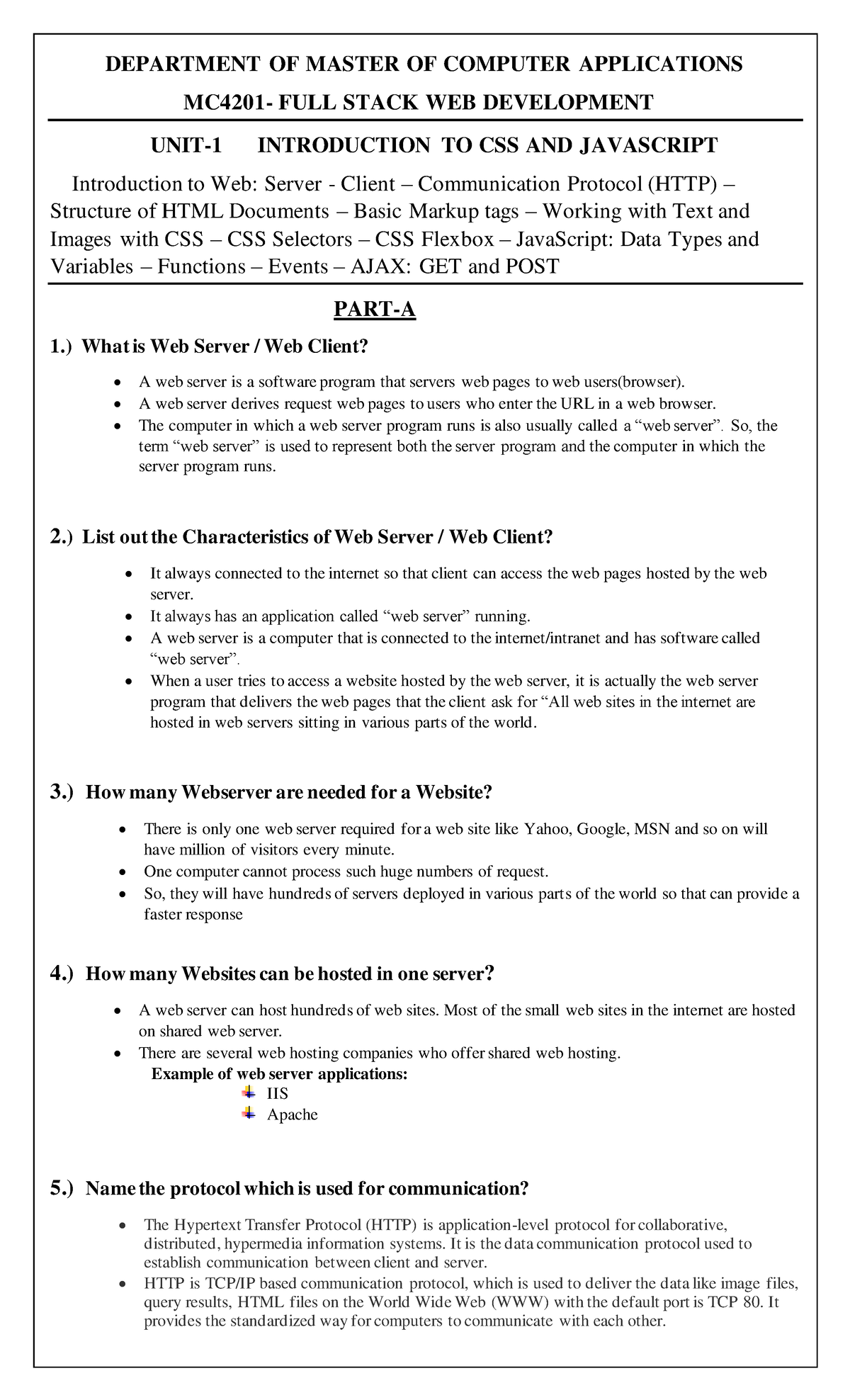UNIT-1 (2 Marks) - Pls refer this - DEPARTMENT OF MASTER OF COMPUTER APPLICATIONS MC4201- FULL ...