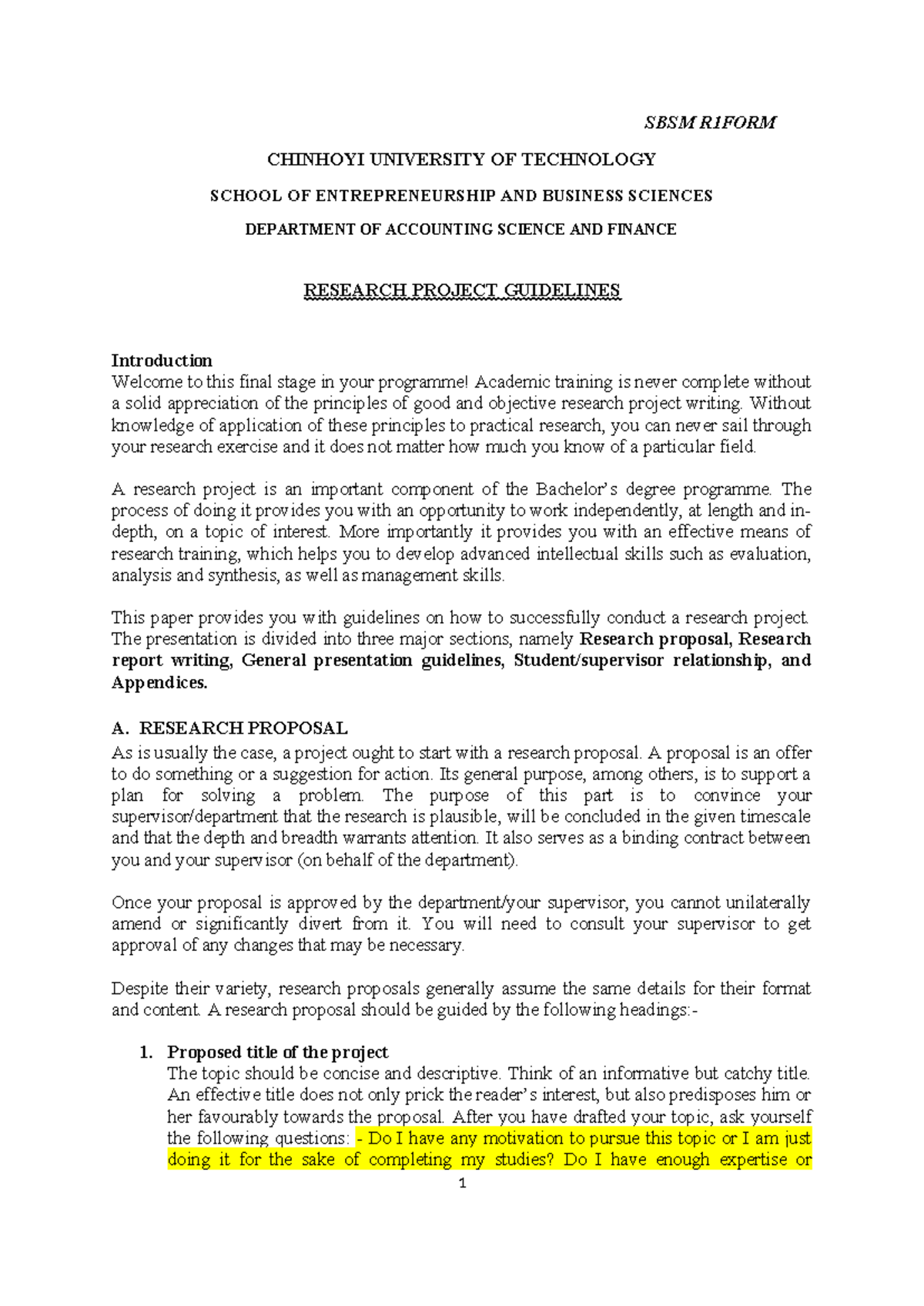 Research Project Guidelines - SBSM R1FORM CHINHOYI UNIVERSITY OF ...