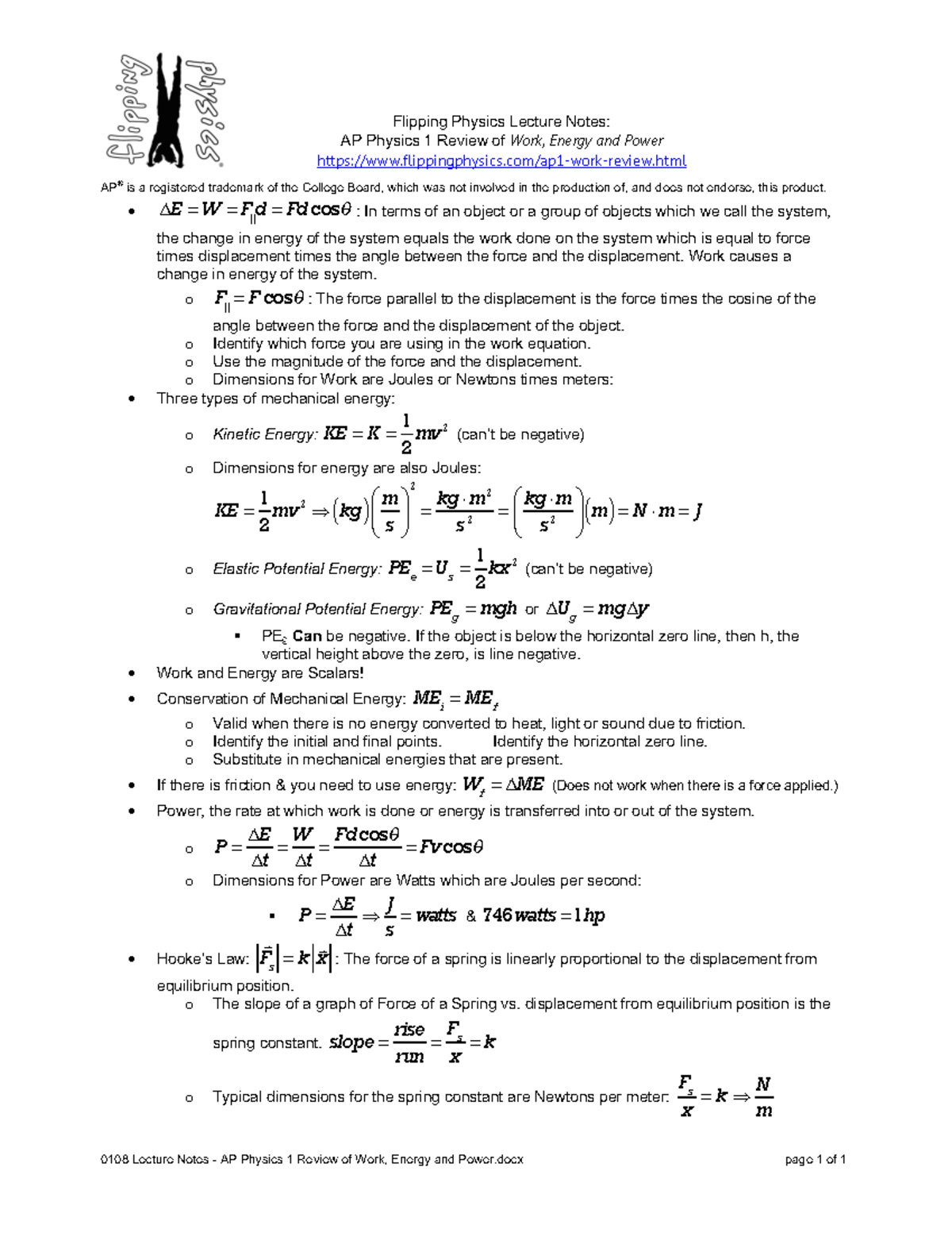 0108 lecture notes - ap physics 1 review of work energy and power ...