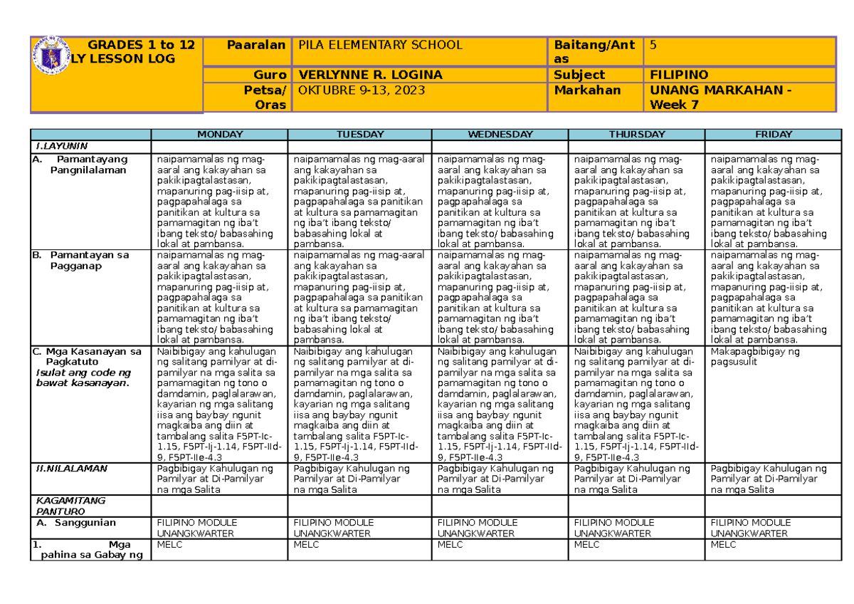 DLL-G5 WEEK-7- Filipino - GRADES 1 to 12 DAILY LESSON LOG Paaralan PILA ...