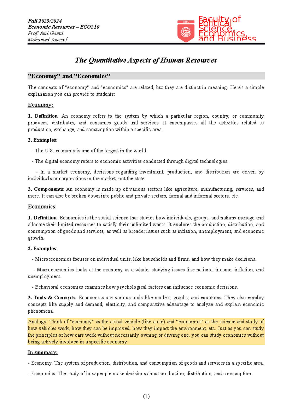 Tutorial 1 - Fall 2023/ Economic Resources – ECO Prof. Aml Gamil ...