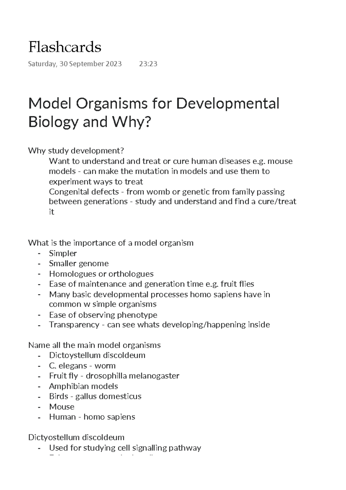 Flashcards - Model Organisms for Developmental Biology and Why? Why ...