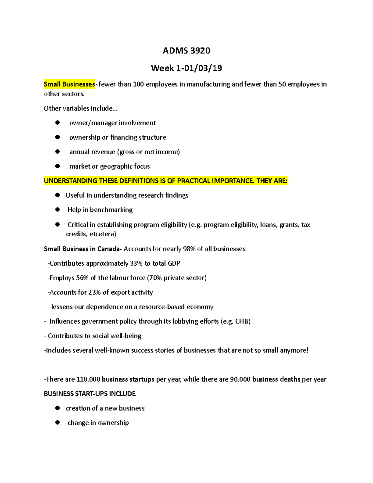 ADMS 3920 notes - ADMS 3920 Week 1-01/03/19 Small Businesses- fewer ...
