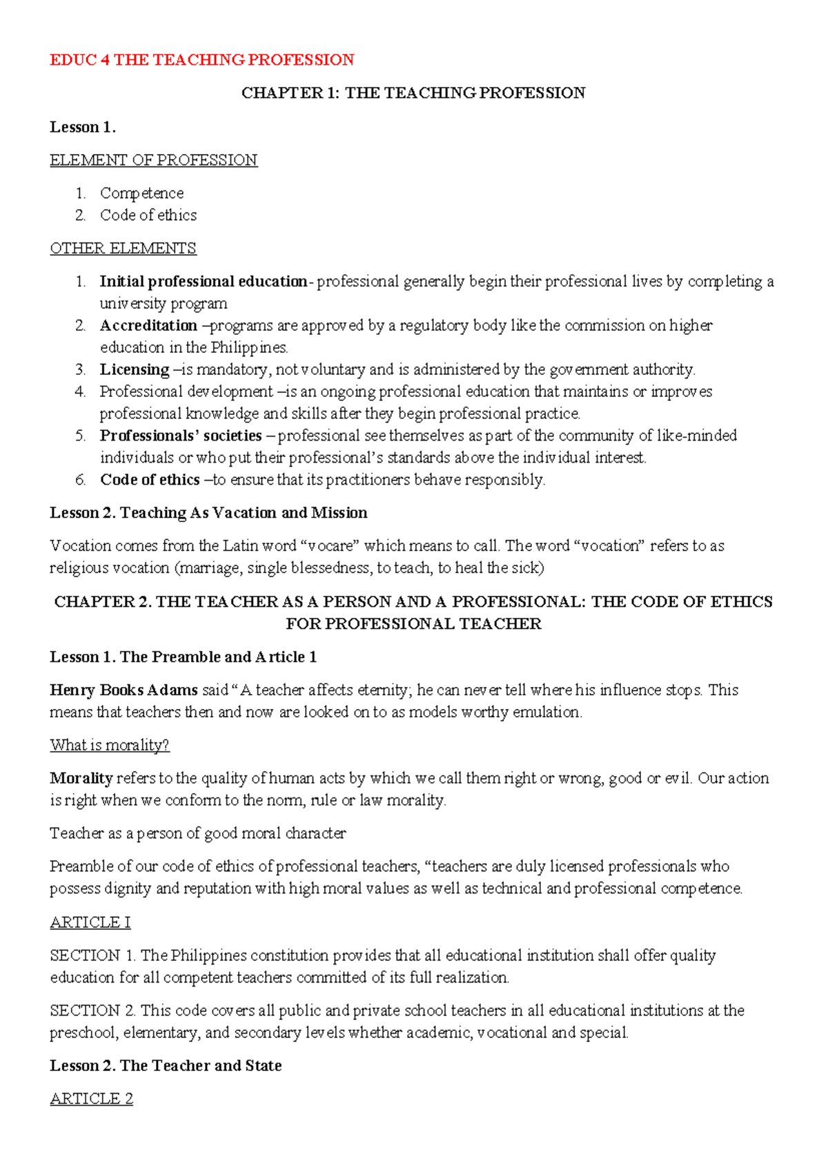 EDUC 4 HAND OUT - bbbb - EDUC 4 THE TEACHING PROFESSION CHAPTER 1: THE ...