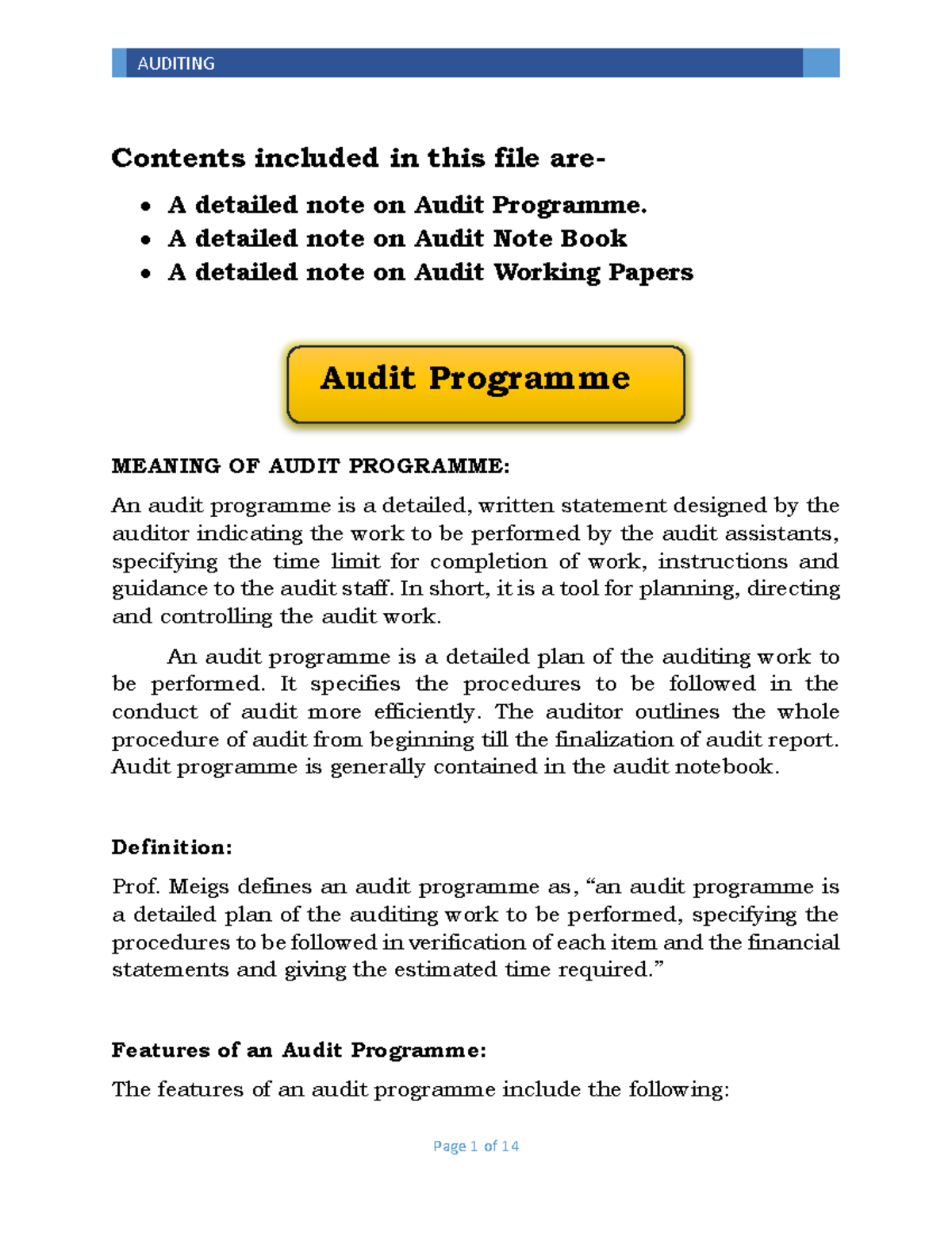 Audit Programme Audit Working Papers And Audit Note Book Contents