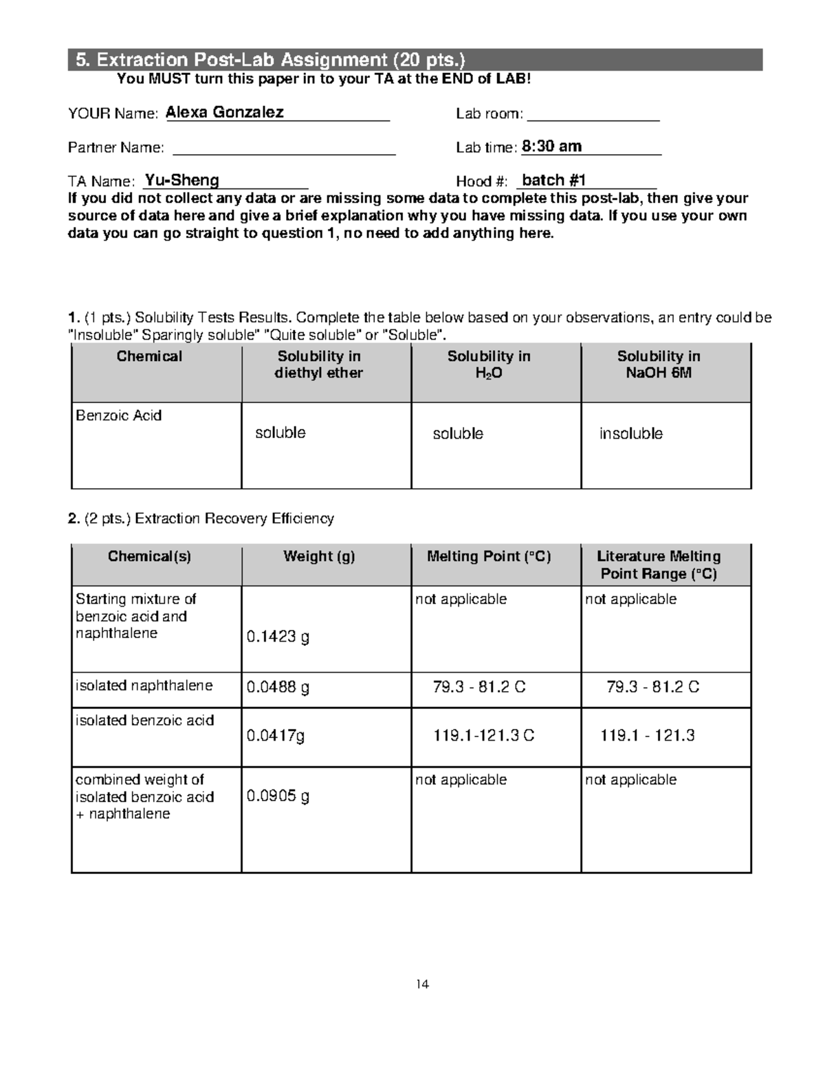 dfnwlkmdflksmdflkmslkdm - 5. Extraction Post-Lab Assignment (20 pts.) You MUST turn this paper ...