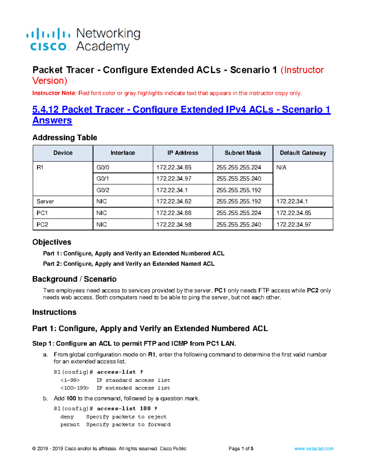 5.4.12 Packet Tracer - Configure Extended IPv4 ACLs - Scenario 1 - ITExam Answers - Packet ...