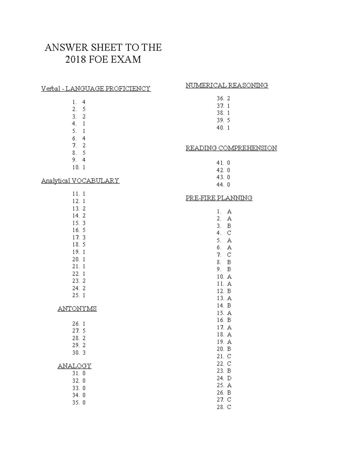Answer Sheet TO THE 2018 FOE EXAM - ANSWER SHEET TO THE 2018 FOE EXAM ...