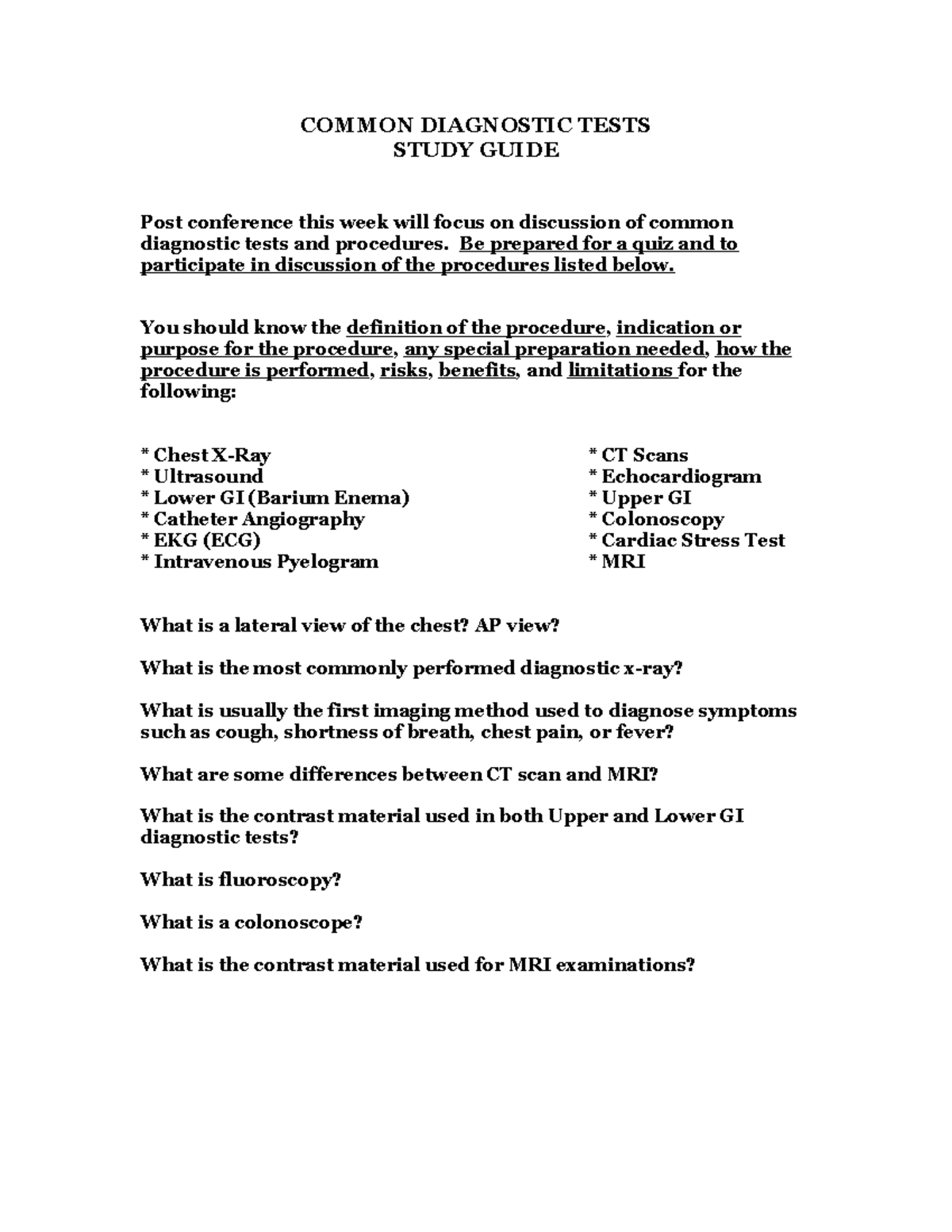 Diag Study Guide - its notes - COMMON DIAGNOSTIC TESTS STUDY GUIDE Post ...