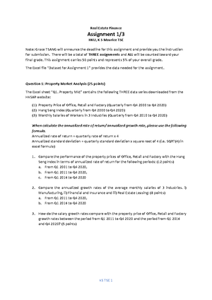 Assignment 3 2024-2025 - Real Estate Finance Assignment 3 / 3 HKU, K S ...