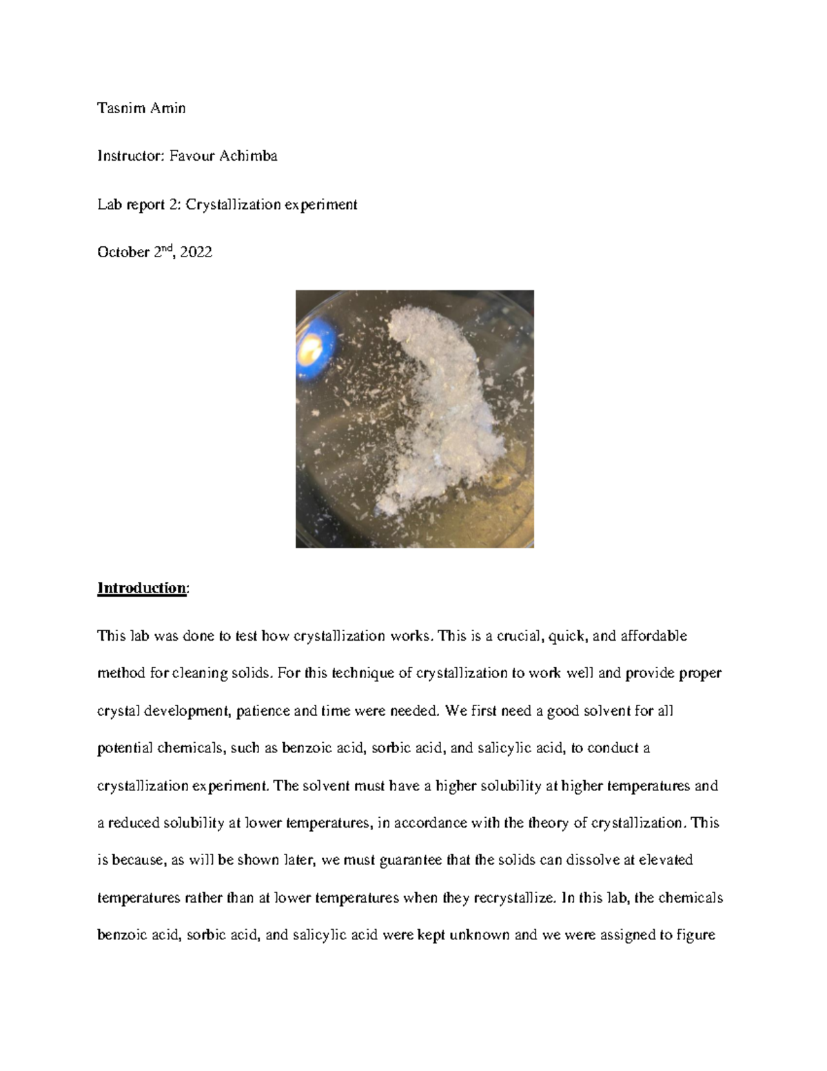 Crystalization lab - chem 223 crystallization lab - Tasnim Amin ...