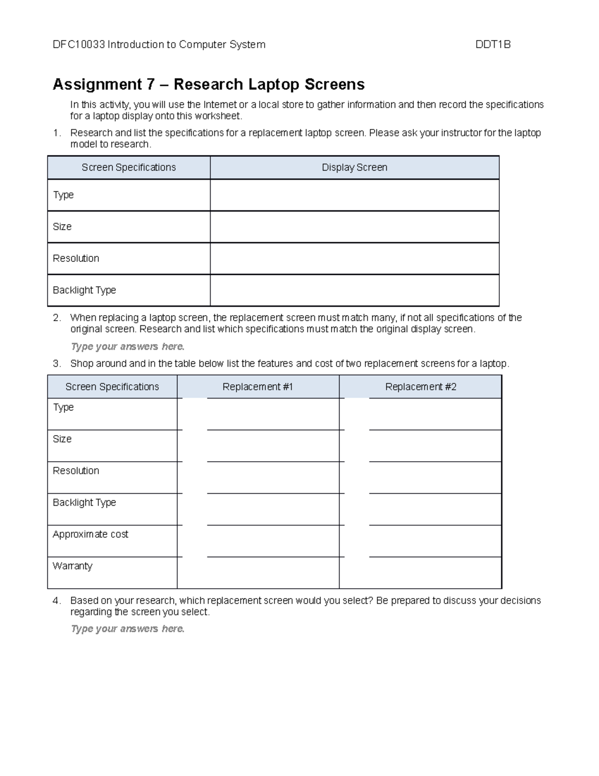 Assignment 7 - Research Laptop Screens - DFC10033 Introduction to ...