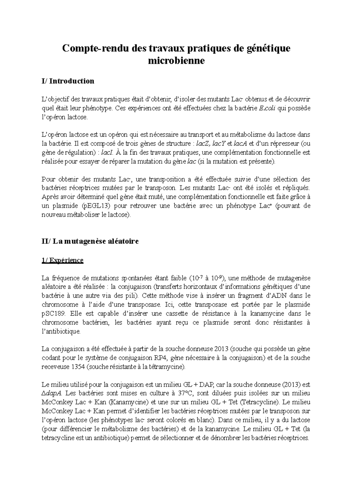TP génétique bactérienne - Compte-rendu des travaux pratiques de ...