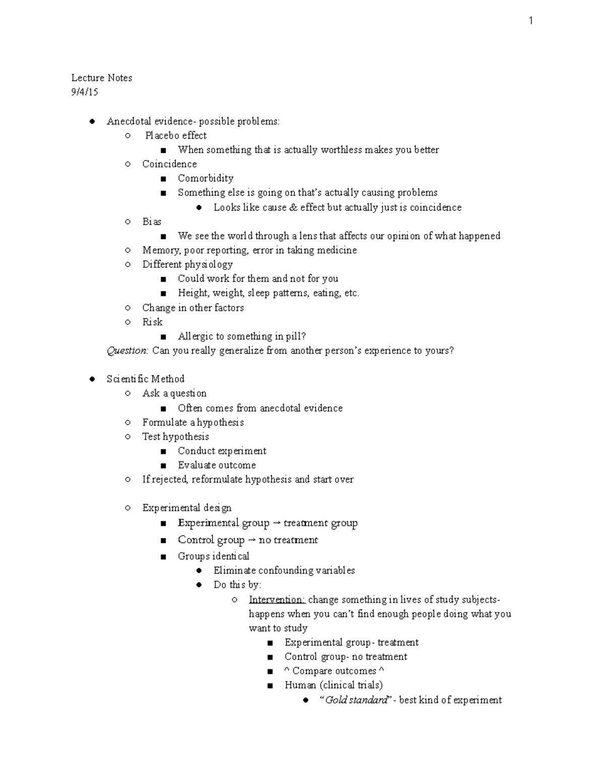The Science of Nutrition - 1 Lecture Notes 9/4/15 Anecdotal evidence ...