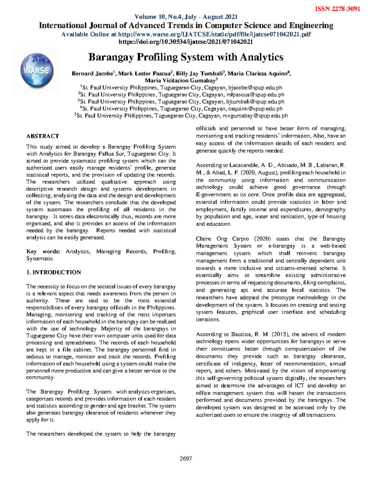 Barangay Profiling System with Analytics - Bernard Jacobe et al ...