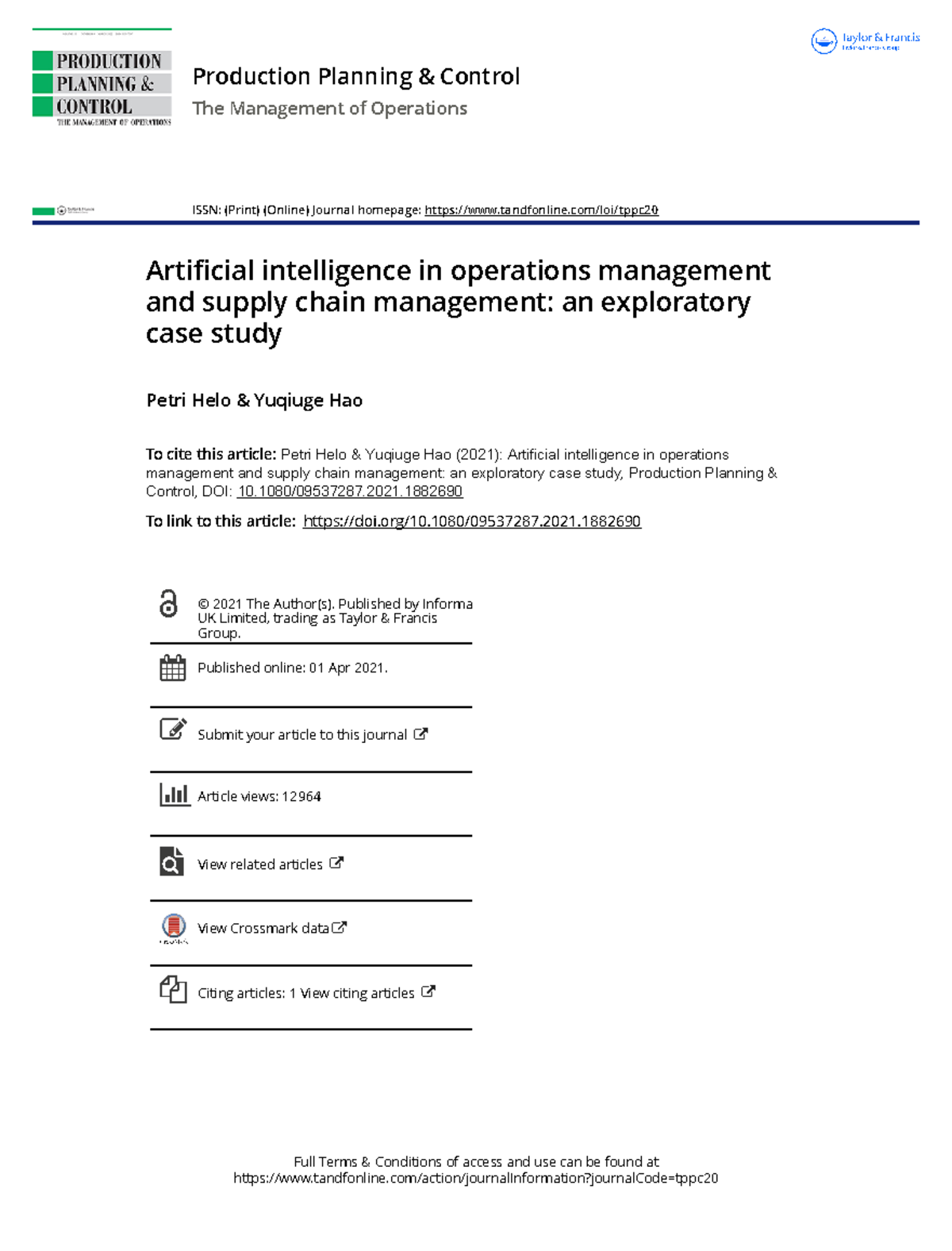 Artificial intelligence in operations management and supply chain ...