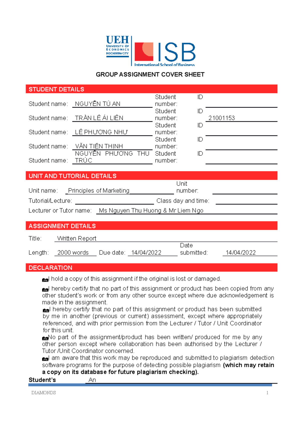 Team Diamonds - PMK Final Written Report - GROUP ASSIGNMENT COVER SHEET ...